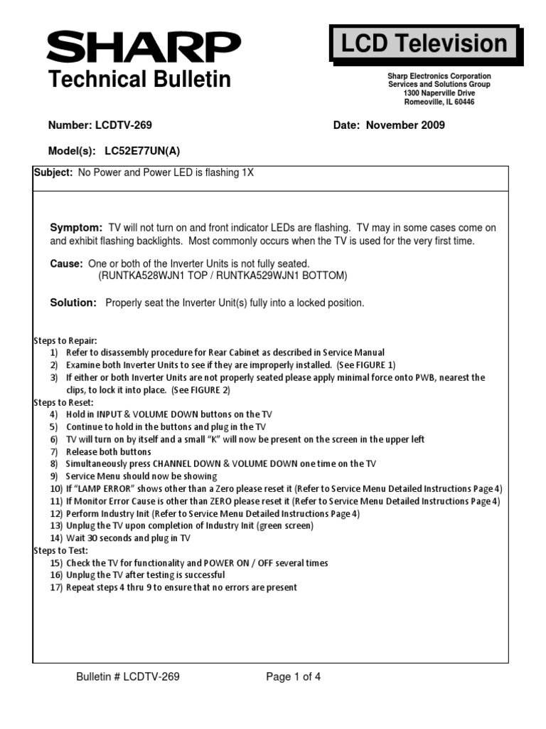 Sharp lcdtv-269 Lc52e77un (A) Tech Bulletin PDF | PDF | Electronics ...