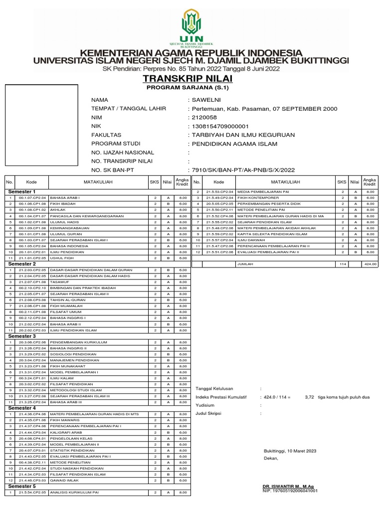 Transkrip Akademik 10 Maret 2023 PDF | PDF