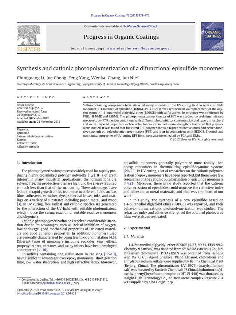 2013 Synthesis and Cationic Photopolymerization of A Difunctional ...