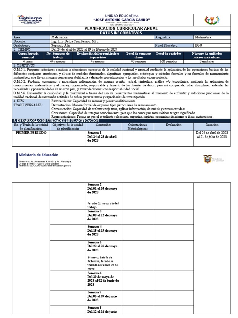 Planificación Anual Matemática BGU 2023-2024 | PDF | Matemáticas | Evaluación