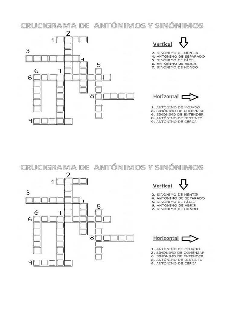 Crucigrama de Sinónimos y Antónimos | PDF