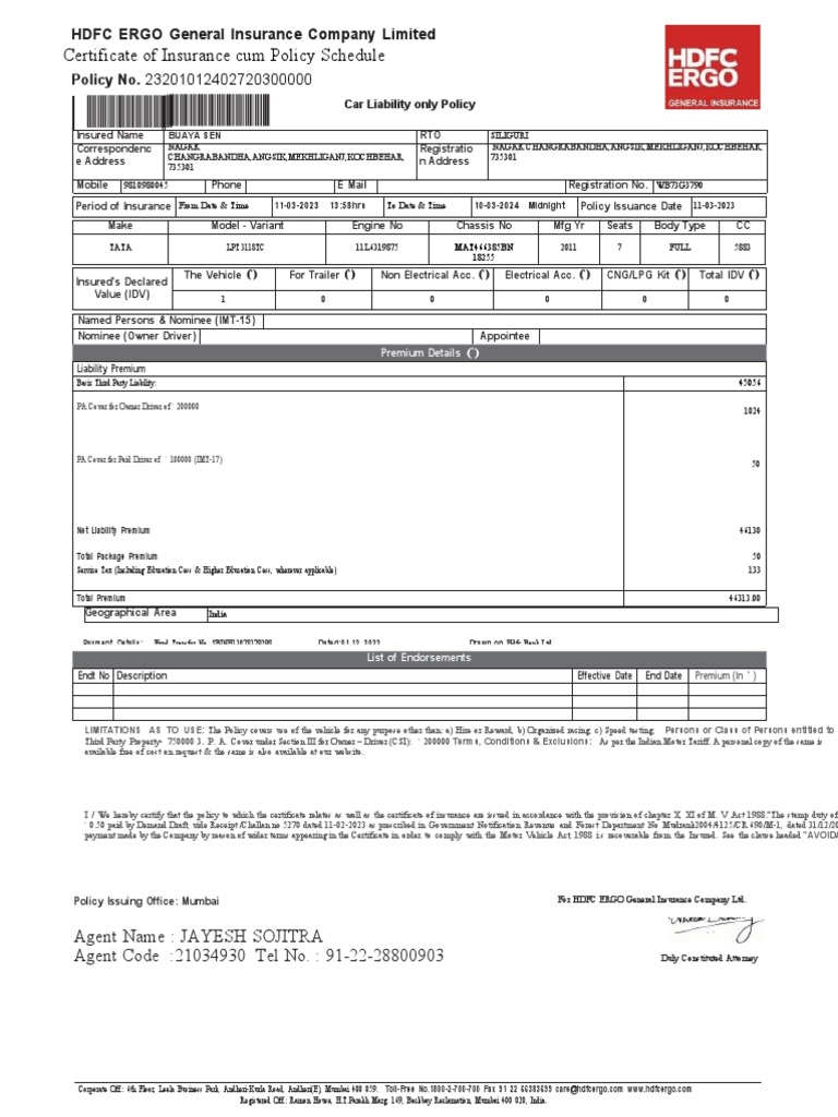 HDFC ERGO Car Insurance Policy Details | PDF | Insurance | Transport