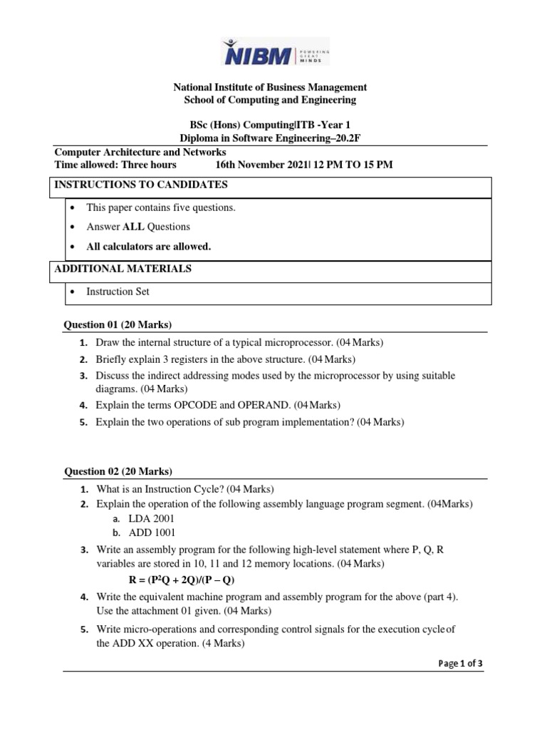 DSE 20.2F Computer Architecture and Networks | PDF | Assembly Language | Central Processing Unit