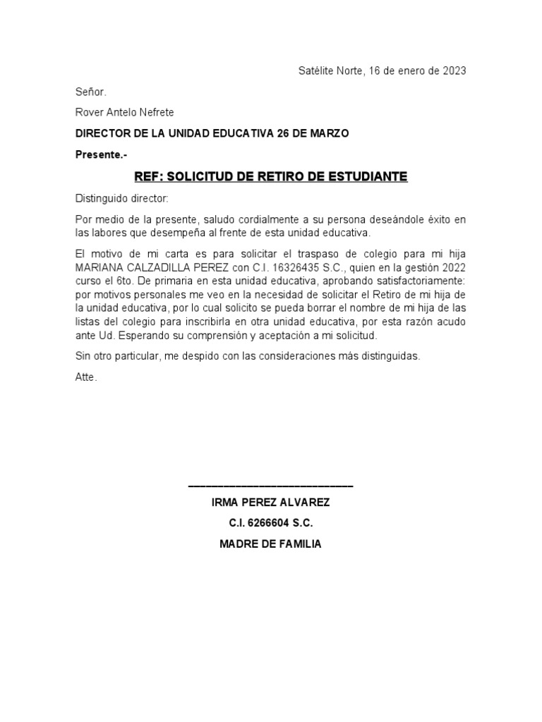 CARTA Retiro de Estudiante | PDF