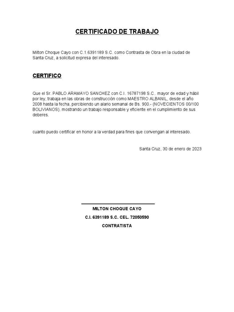 CERTIFICADO DE TRABAJO.docx | PDF