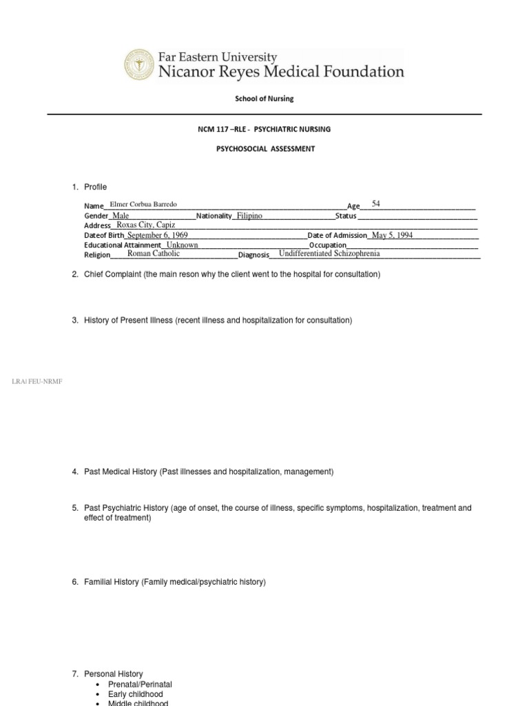 Psychosocial Assessment Form | PDF | Self Concept | Mental Health