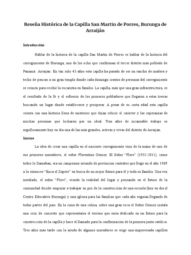 Reseña Histórica de Capilla San Martin de Porres, Burunga de Arraiján | PDF | Misa (liturgia)