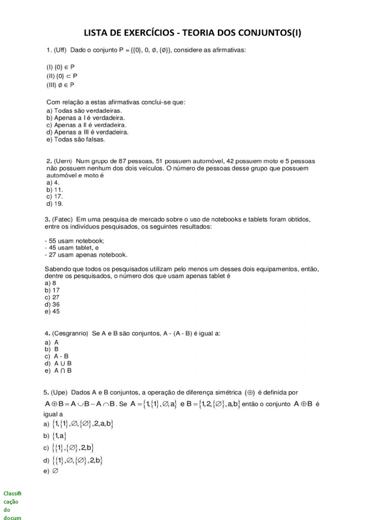 Lista de Exercícios - Teoria Dos Conjuntos (I) | PDF Lista de Exercícios - Teoria Dos Conjuntos (I) | PDF