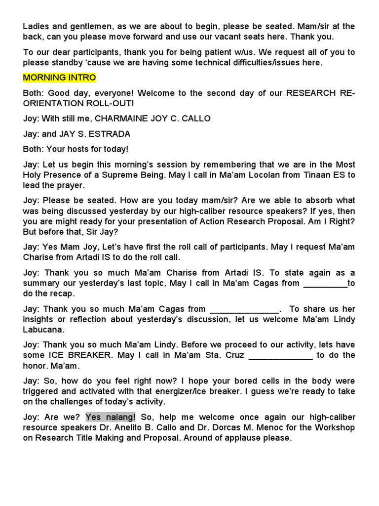 Research Pro EMCEE SCRIPT | PDF