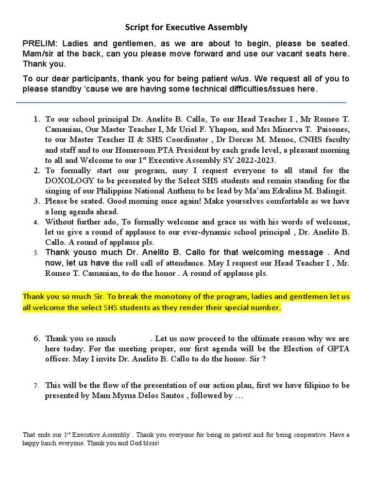 Script For Executive Assembly | PDF