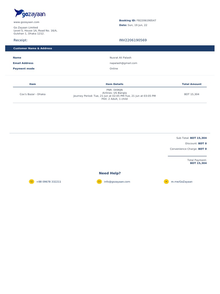 Booking-Invoice INV2206190569 | PDF