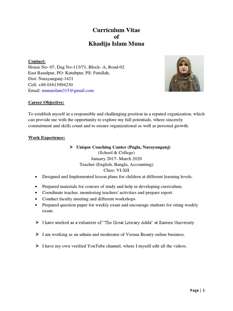 Khadija Islam (Muna), CV | Download Free PDF | Teachers