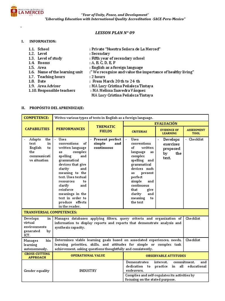 I Term - Lesson Plan 09 - Unit 01 - 5TH Grade - Saavedra | PDF ...