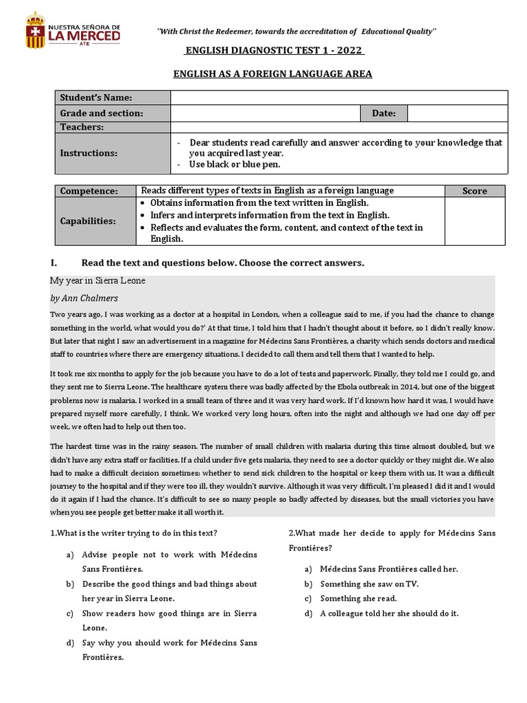 Diagnostic Test - 5sec - Reading - Saavedra | PDF | Médecins Sans ...