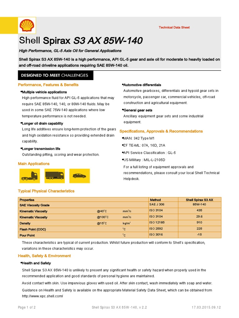 GPCDOC GTDS Shell Spirax S3 AX 85W-140 (En) TDS | PDF | Gear | Viscosity