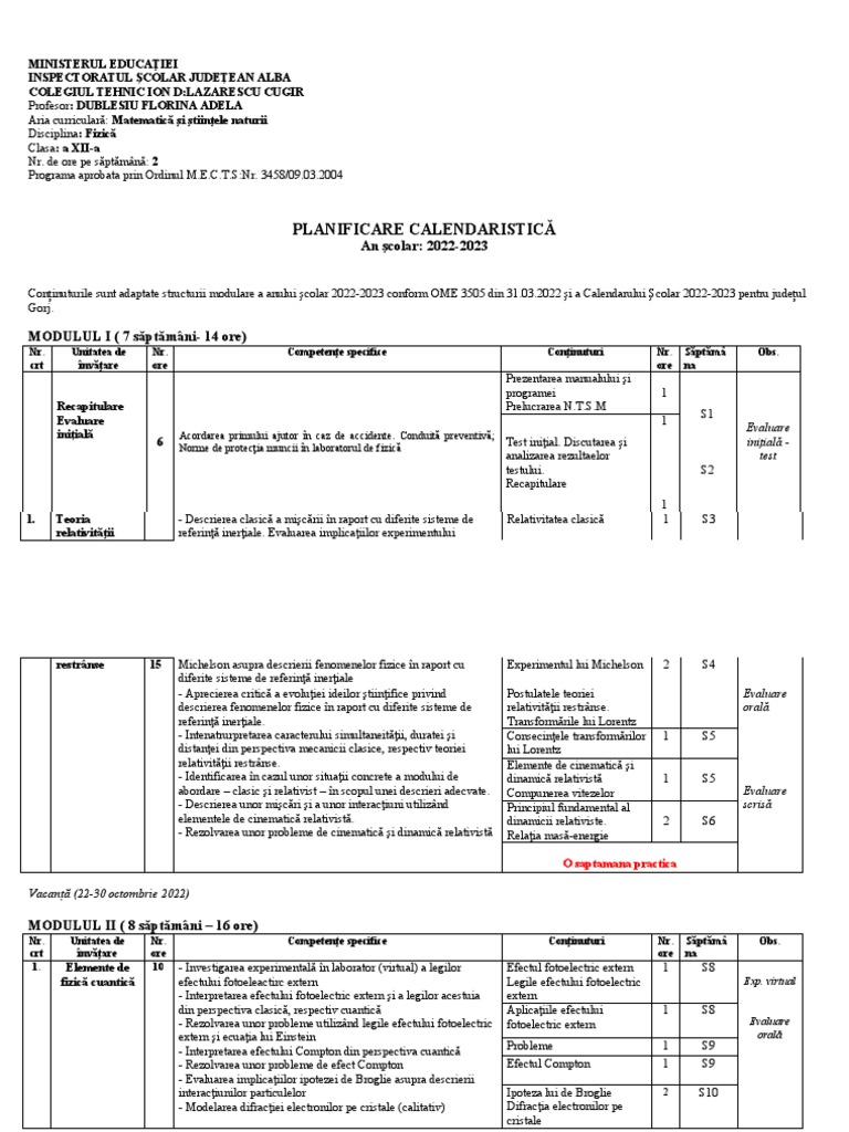 Fizica - Planificare - Clasa - A - 12 - A B LICEU | PDF