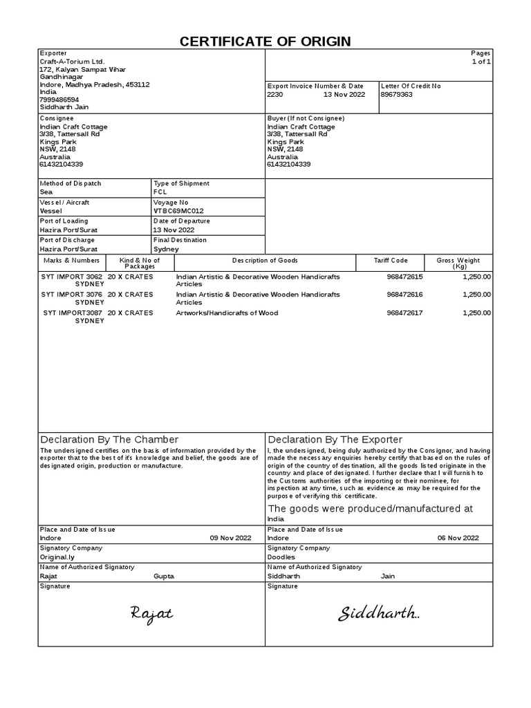 Craft-A-Torium Certificate of Origin PDF | PDF | Freight Transport | Trade