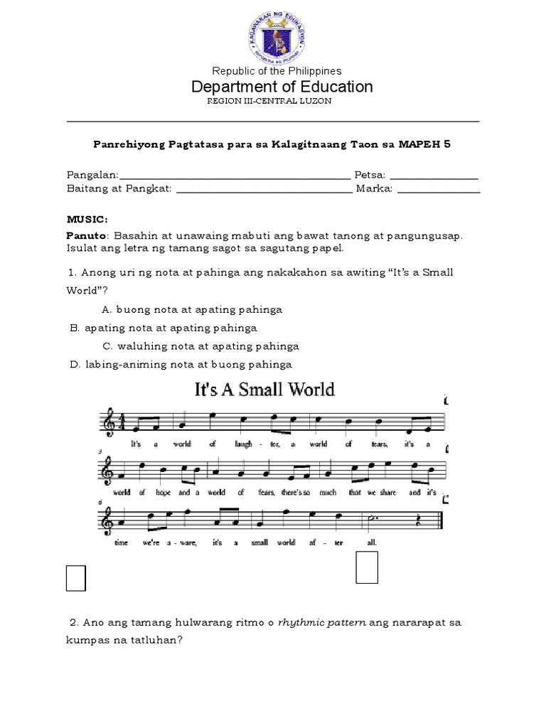 Mapeh 5 Mya Assessment Tool | PDF