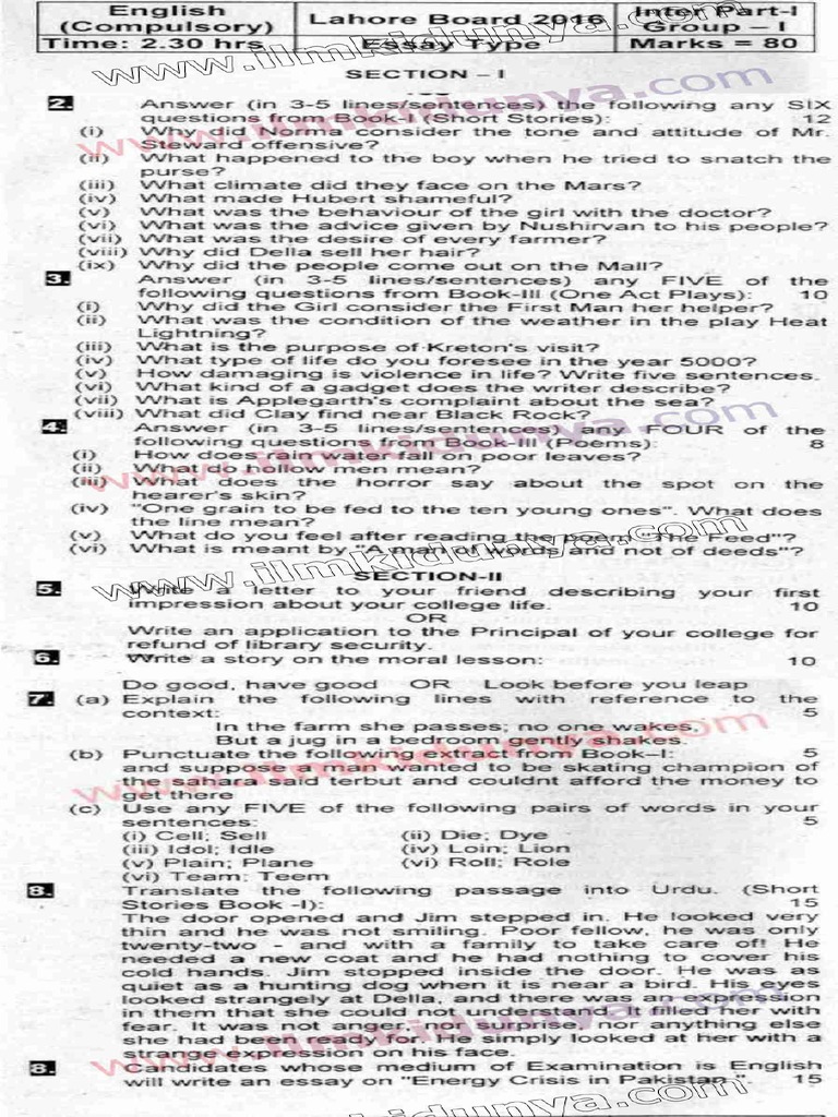 Past Papers Lahore Board 2016 Inter Part 1 English Group 1 Subjective 202205211344 | PDF