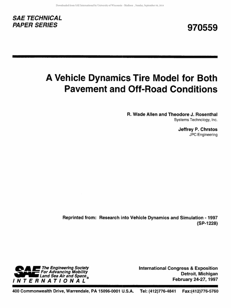 1997 A Vehicle Dynamics Tire Model For Both Pavement and Off-Road ...