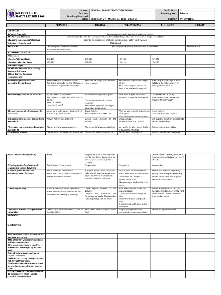 DLL Science-3 Q3 W3 | PDF | Learning | Magnet