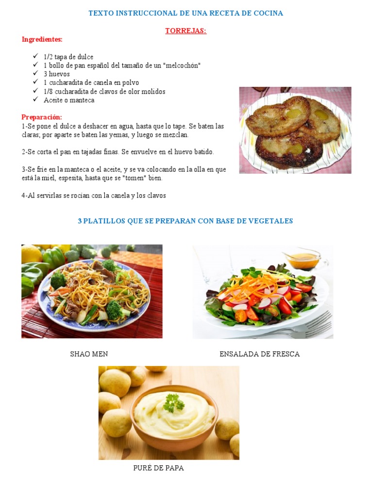 Textos Instruccional de Receta de Cocina, y 3 Platillos Con Base A Vegetales | PDF