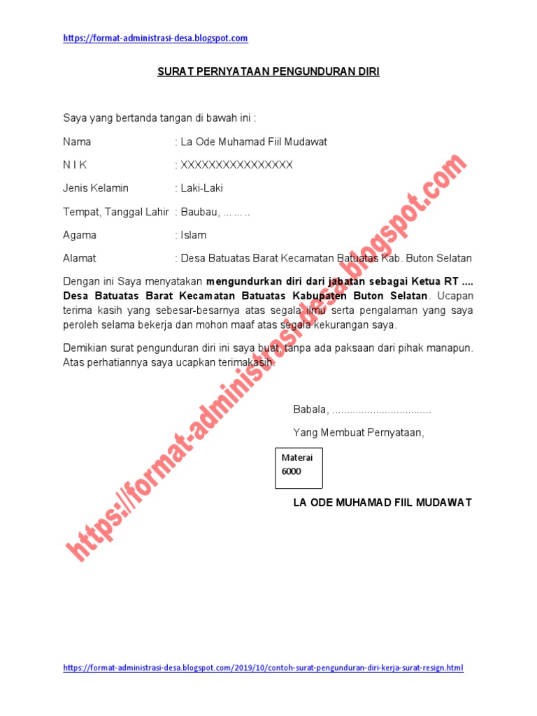 format-administrasi-desa.blogspot.com - SURAT PERNYATAAN PENGUNDURAN DIRI KETUA RT | PDF