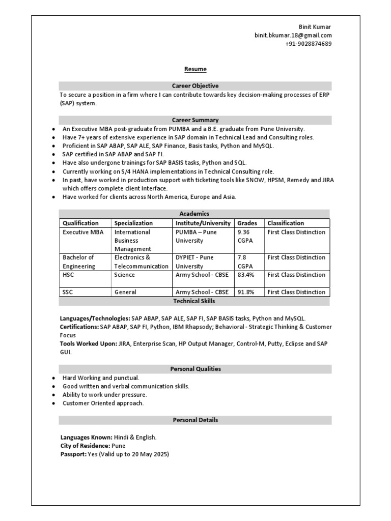 Binit Kumar Resume Pdf Software Development Computer Engineering