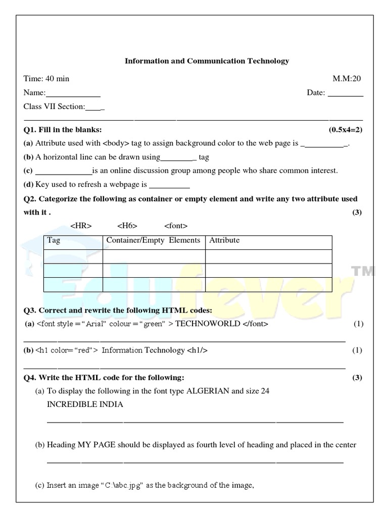 Class VII HTML Question | PDF | Html | Search Engine Indexing