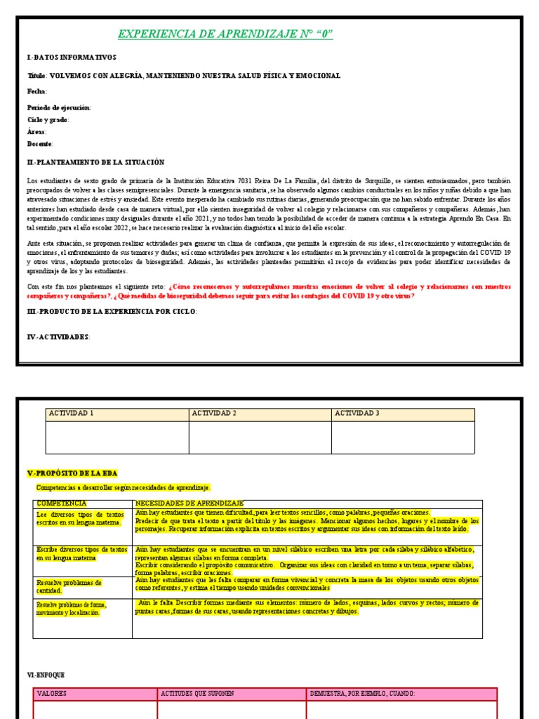 Experiencia de Aprendizaje Formato PROPUESTA | PDF | Las emociones | Aprendizaje