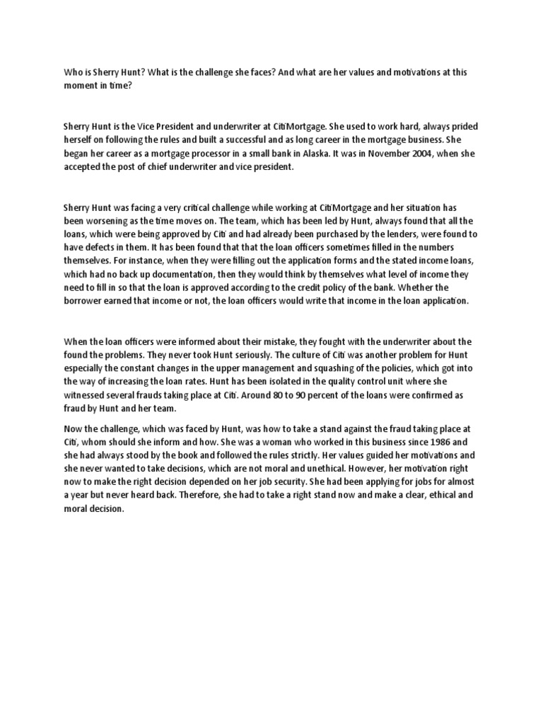 Sherry Hunt's Ethical Stand | PDF | Finance & Money Management