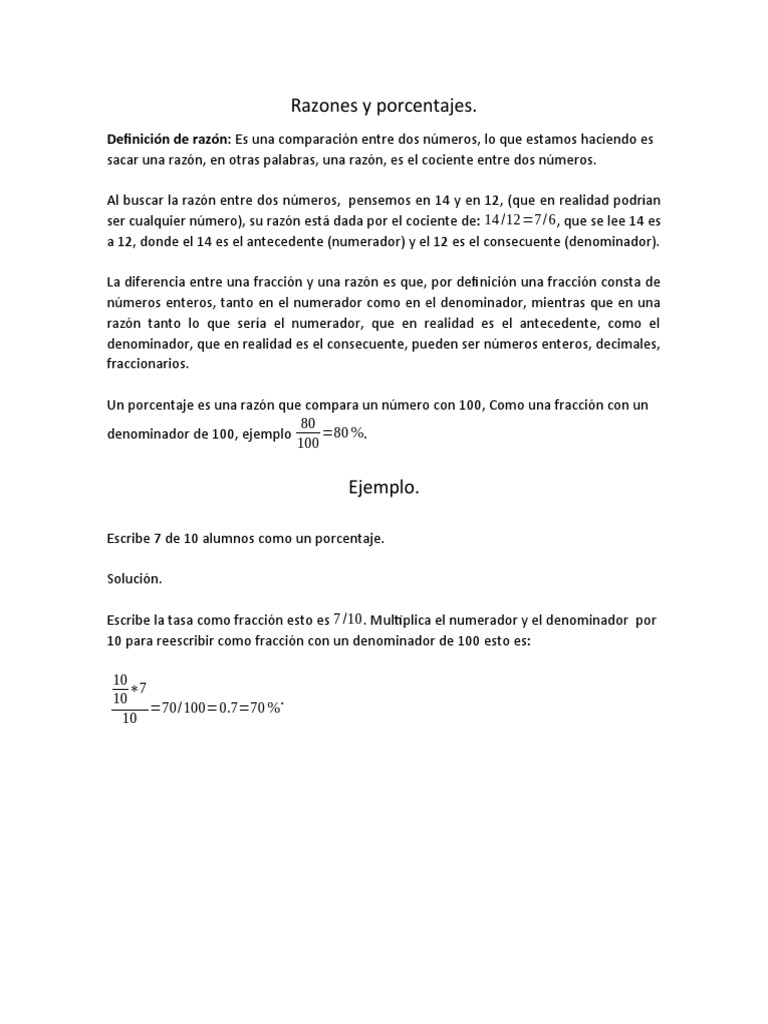 Razones y Porcentajes.: Definición de Razón: Es Una Comparación Entre ...