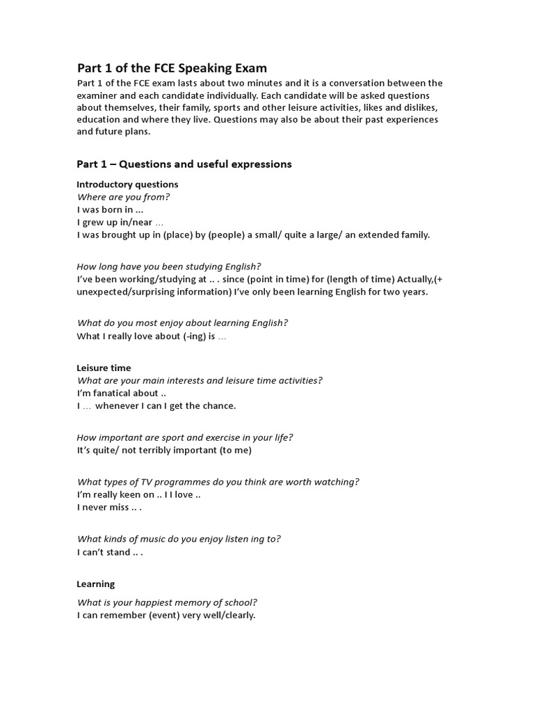 FCE Speaking Exam Guide | PDF | Question | Reason