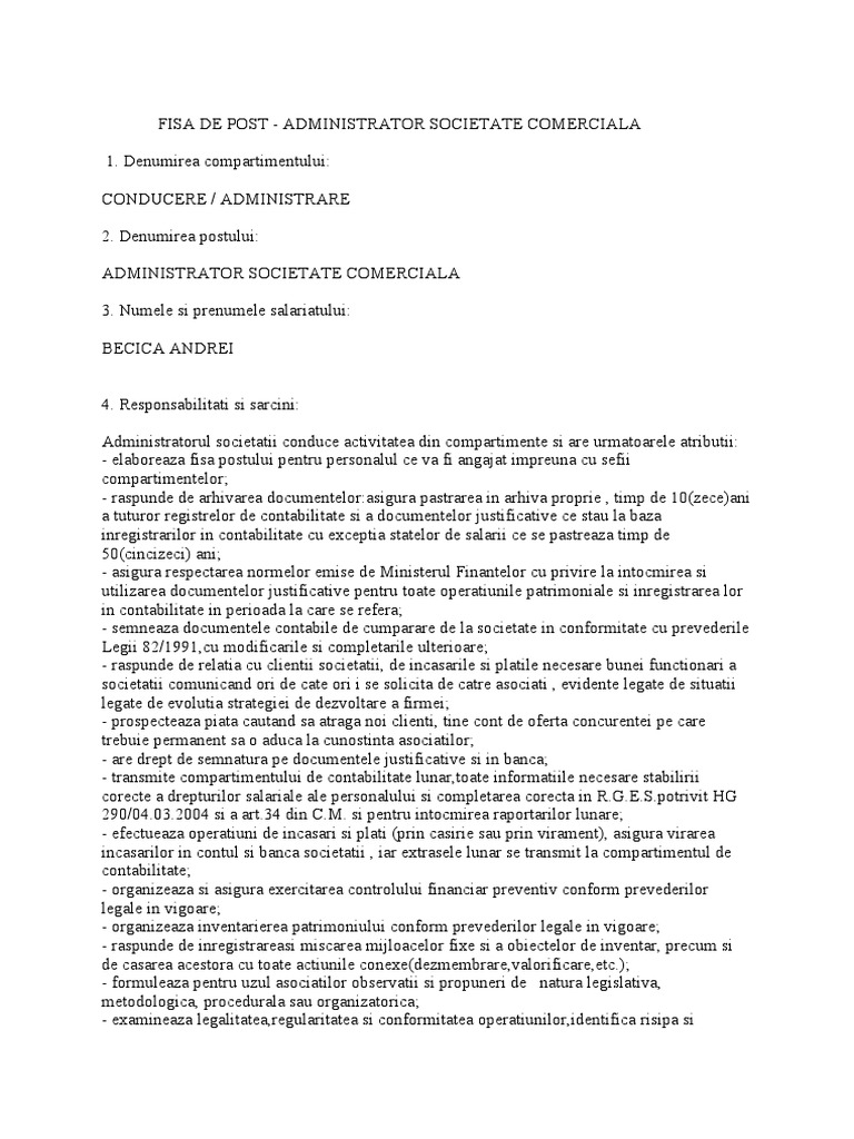 Fisa Postului - Administrator | PDF