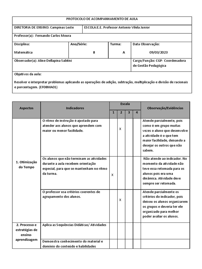 Anexo II - PROTOCOLO DE ACOMPANHAMENTO DE AULA | PDF | Pedagogia | Aprendizado