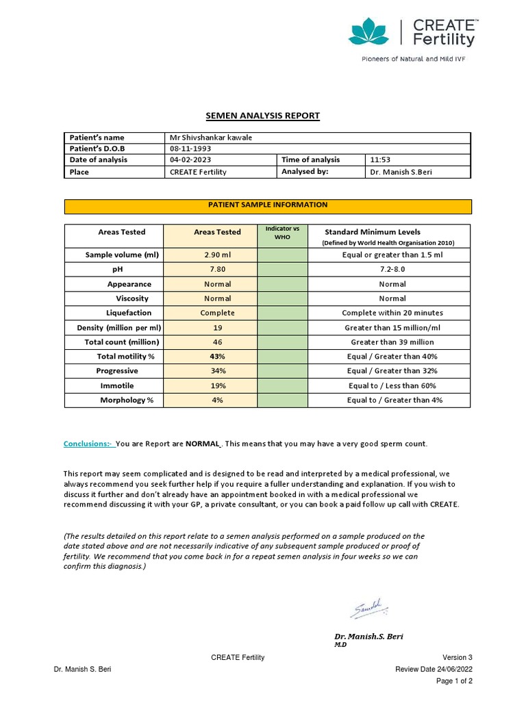 Example Semen Analysis Report July 2019 | PDF | Medical Specialties ...