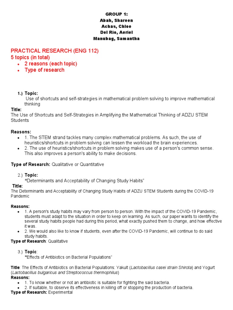 Practical Research Group 1 Topics | PDF | Root