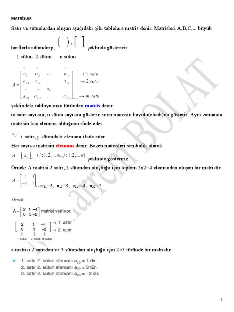 MATRİSLER VE DETERMİNANT (1.,2.,3.,4.hafta) | PDF