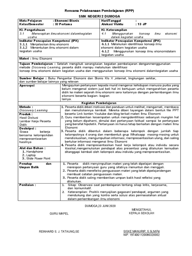 RPP Ekonomi Bisnis | PDF