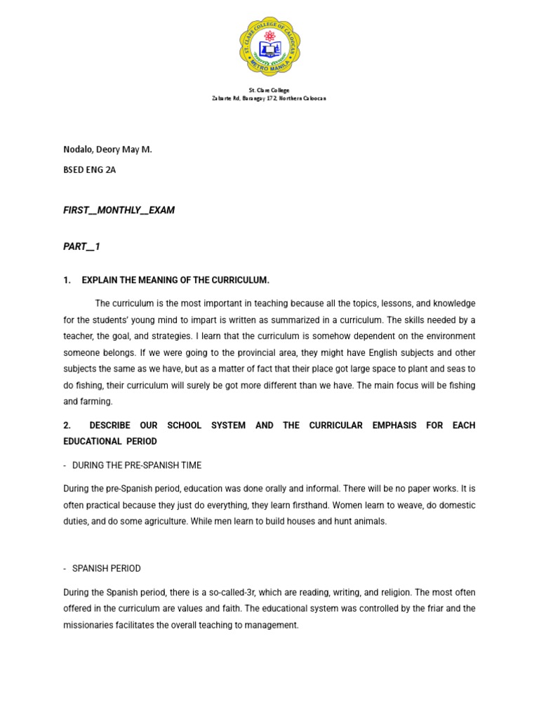 EDUC 109 First Monthly Exam | PDF | Curriculum | Behavior Modification