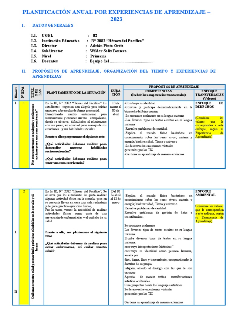 Planificación Anual Por Experiencias de Aprendizaje 2023 | PDF | Aprendizaje | Universo