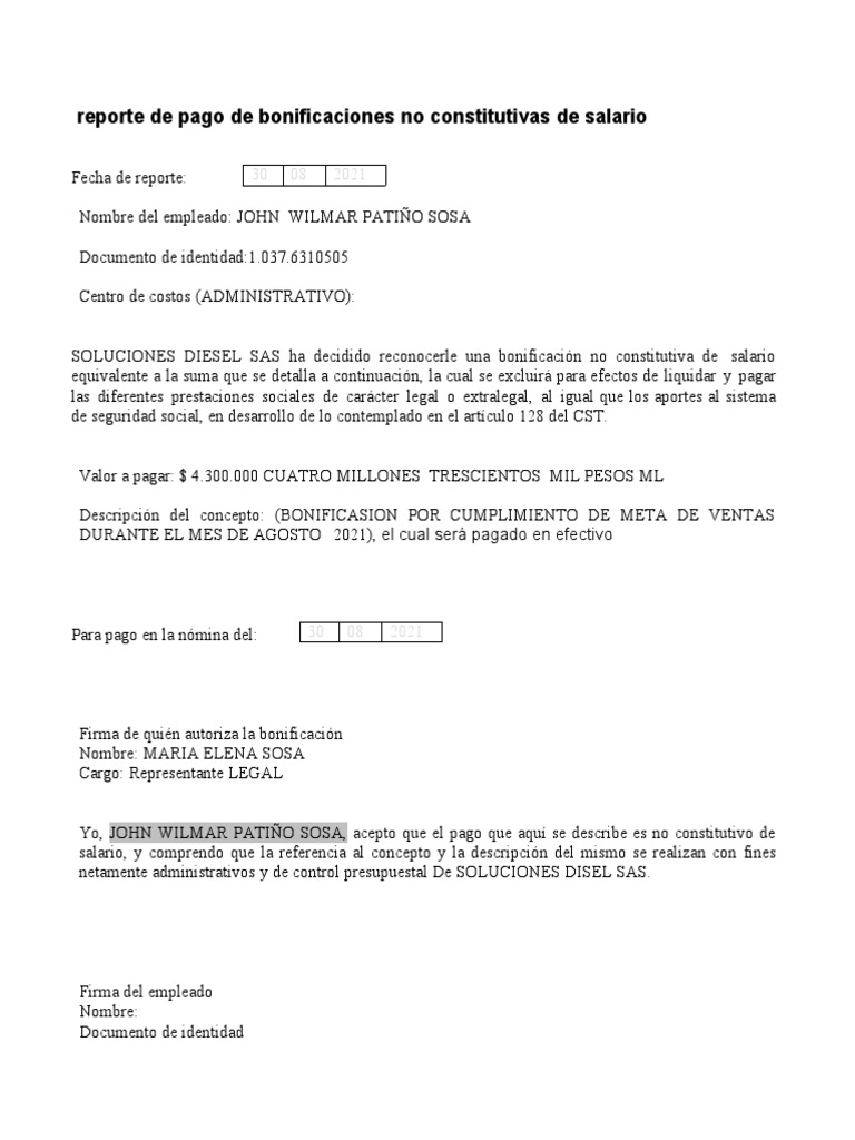 Formatos Bonificaciones | PDF