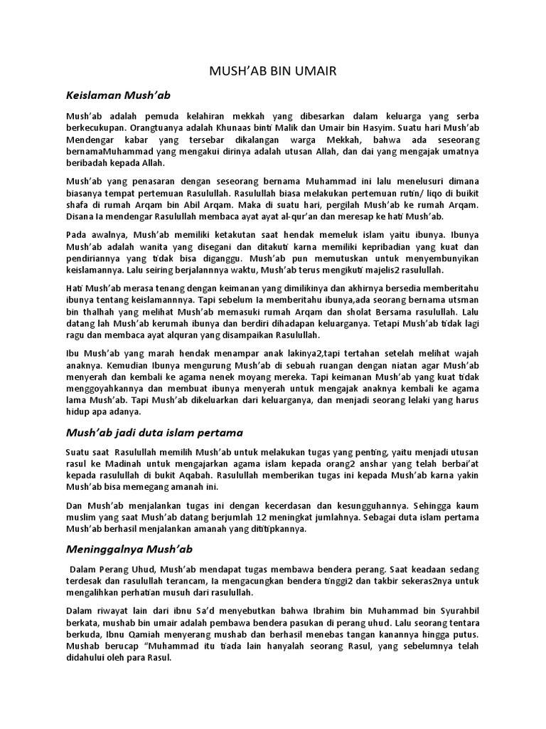 Mush'ab bin Umair, Duta Islam Pertama | PDF