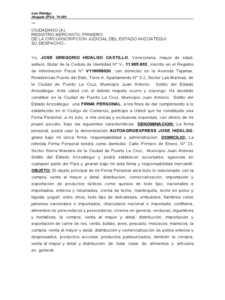ACTA CONSTITUTIVA FIRMA PERSONAl | PDF | Alimentos | Comida y bebida