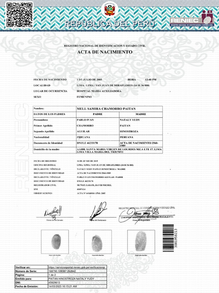 Acta Nacimiento 3001958213 | PDF | Gobierno y personalidad | Perú