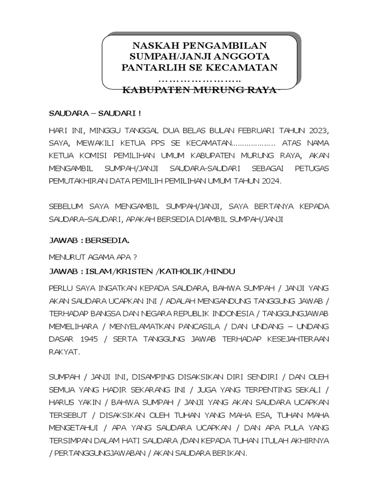 Naskah Sumpah Janji Dan Kata Pelantikan Pantarlih | PDF Naskah Sumpah Janji Dan Kata Pelantikan Pantarlih | PDF