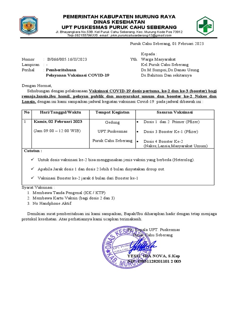 SURAT PEMBERITAHUAN VAKSIN COVID19 PKM PCS-minggu ke1 Februari 2023 | PDF