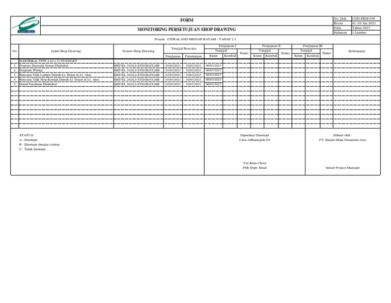 Form Monitoring Persetujuan Shop Drawing: Elektrikal Type A L8 X 15 Standart | PDF
