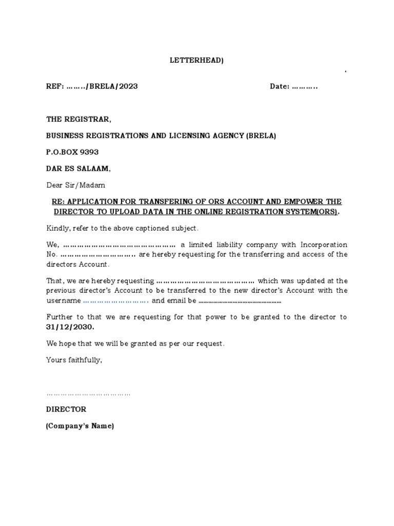 BRELA - Requesting Account Activation Letter | PDF