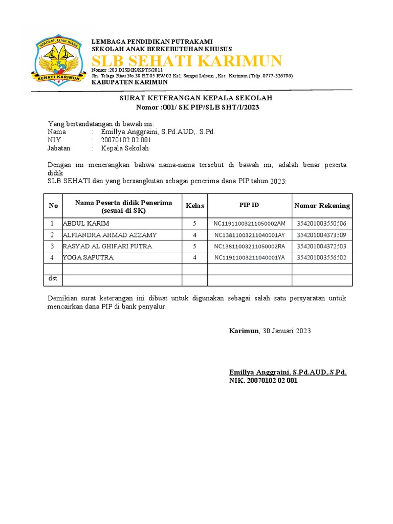 DAFTAR NAMA PESERTA DIDIK PENERIMA DANA PIP SLB SEHATI TAHUN 2023 | PDF